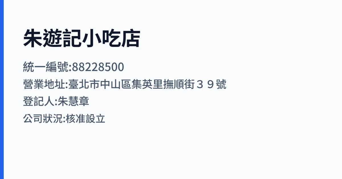 朱遊記小吃店 - 統編 88228500(臺北市) 公司登記資料與營業項目詳細圖表
