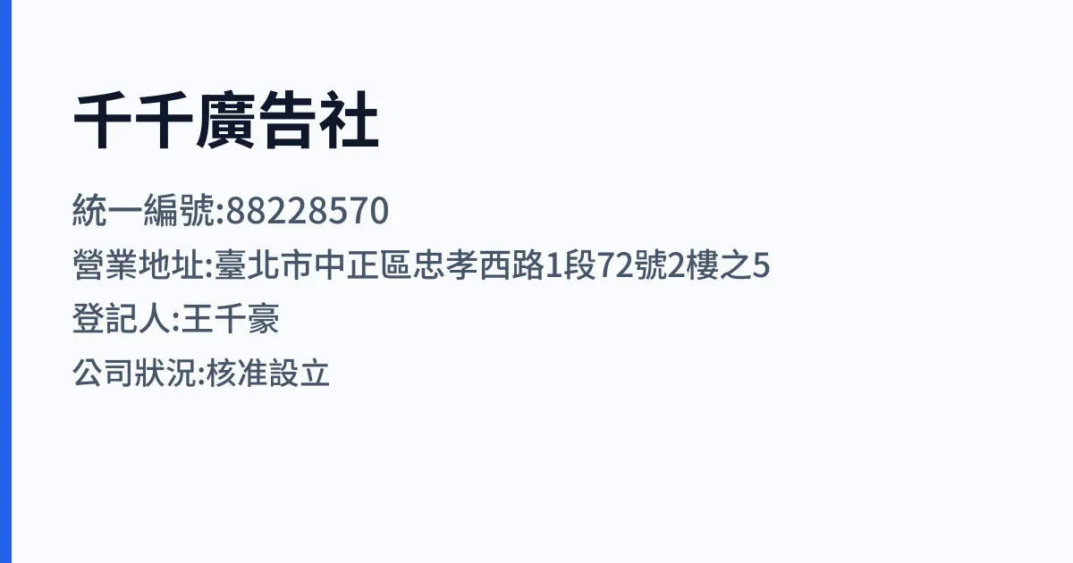 千千廣告社 - 統編 88228570(新北市) 公司登記資料與營業項目詳細圖表