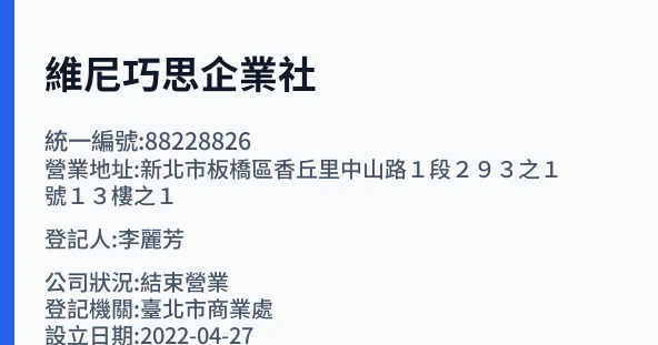 維尼巧思企業社的照片-統編 88228826(新北市) 公司登記資料與營業項目詳細圖表