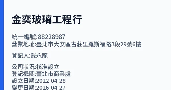 金奕玻璃工程行的照片-統編 88228987(臺北市) 公司登記資料與營業項目詳細圖表