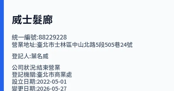 威士髮廊的照片-統編 88229228(臺北市) 公司登記資料與營業項目詳細圖表