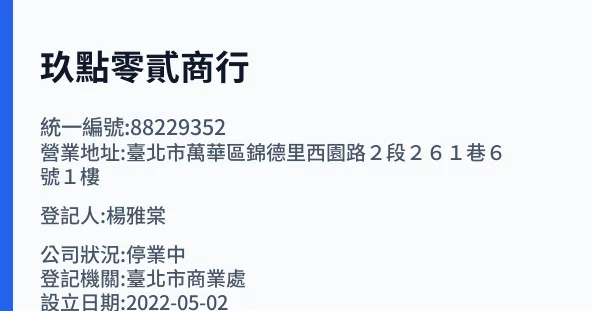 玖點零貳商行的照片-統編 88229352(臺北市) 公司登記資料與營業項目詳細圖表