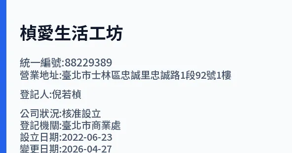 楨愛生活工坊的照片-統編 88229389(臺北市) 公司登記資料與營業項目詳細圖表