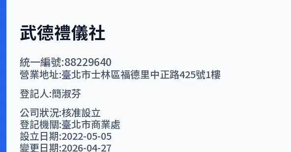 武德禮儀社的照片-統編 88229640(臺北市) 公司登記資料與營業項目詳細圖表