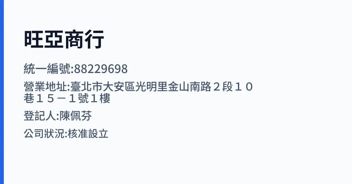 旺亞商行 - 統編 88229698(臺北市) 公司登記資料與營業項目詳細圖表