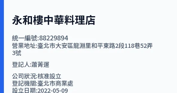 永和樓中華料理店的照片-統編 88229894(臺北市) 公司登記資料與營業項目詳細圖表