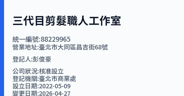 三代目剪髮職人工作室的照片-統編 88229965(臺北市) 公司登記資料與營業項目詳細圖表
