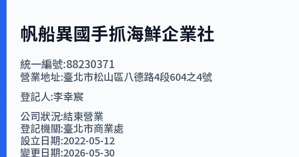 帆船異國手抓海鮮企業社的照片-統編 88230371(臺北市) 公司登記資料與營業項目詳細圖表