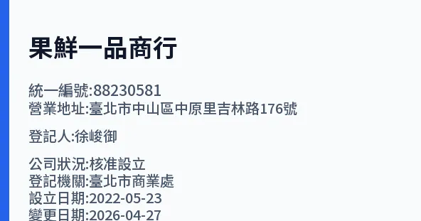果鮮一品商行的照片-統編 88230581(臺北市) 公司登記資料與營業項目詳細圖表