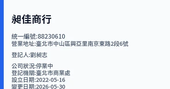 昶佳商行的照片-統編 88230610(臺北市) 公司登記資料與營業項目詳細圖表