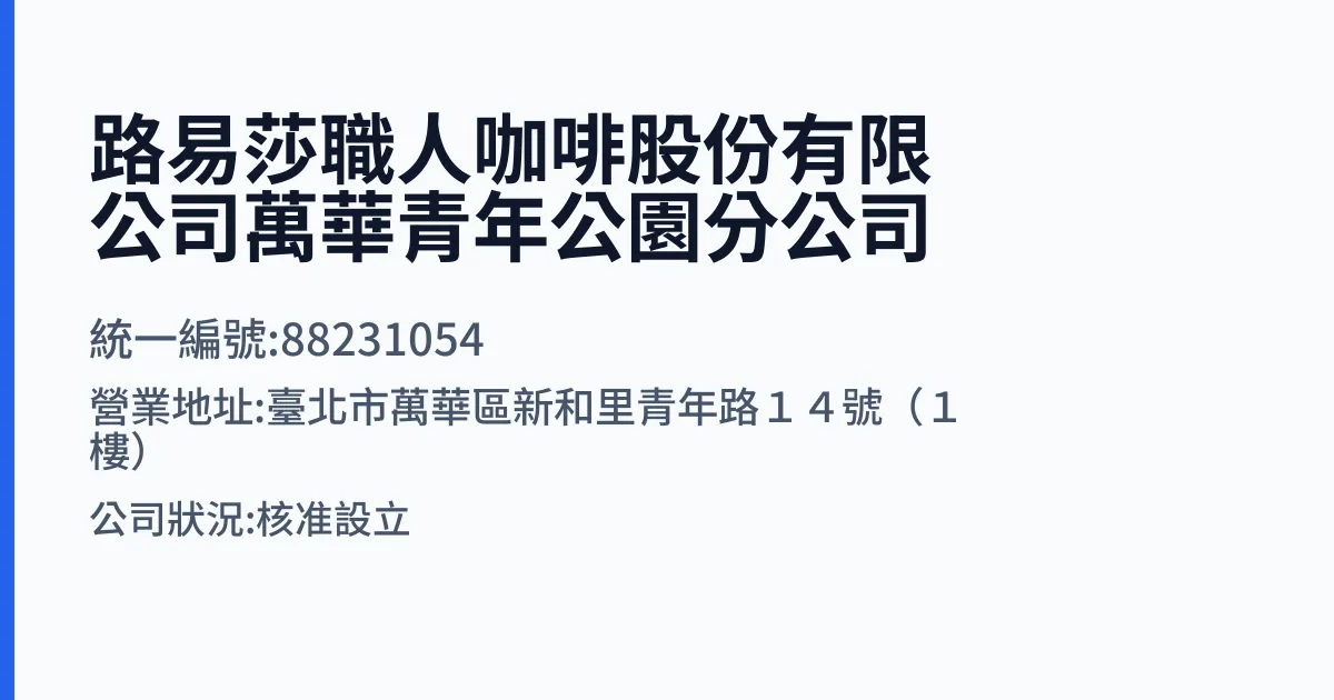 路易莎職人咖啡股份有限公司萬華青年公園分公司 - 統編 88231054(臺北市) 公司登記資料與營業項目詳細圖表