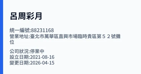 呂周彩月的照片-統編 88231168(臺北市) 公司登記資料與營業項目詳細圖表