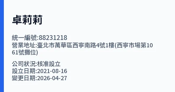 卓莉莉的照片-統編 88231218(臺北市) 公司登記資料與營業項目詳細圖表