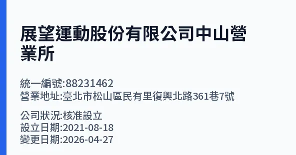 展望運動股份有限公司中山營業所的照片-統編 88231462(臺北市) 公司登記資料與營業項目詳細圖表