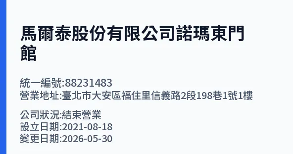 馬爾泰股份有限公司諾瑪東門館的照片-統編 88231483(臺北市) 公司登記資料與營業項目詳細圖表