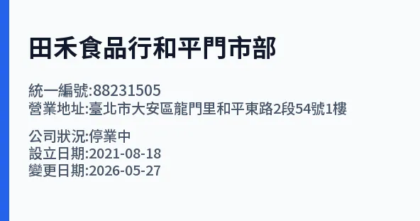 田禾食品行和平門市部的照片-統編 88231505(臺北市) 公司登記資料與營業項目詳細圖表