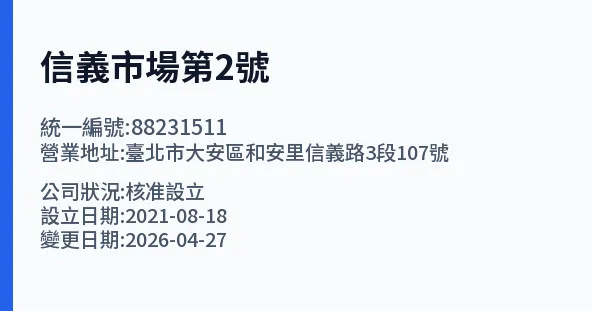 信義市場第2號的照片-統編 88231511(臺北市) 公司登記資料與營業項目詳細圖表
