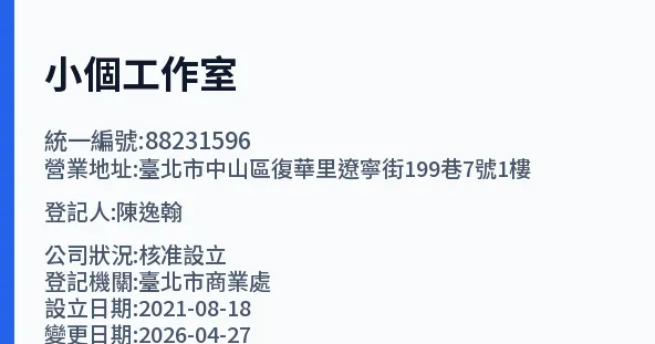 小個工作室的照片-統編 88231596(臺北市) 公司登記資料與營業項目詳細圖表