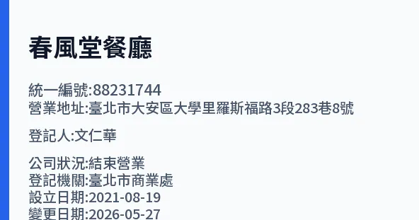 春風堂餐廳的照片-統編 88231744(臺北市) 公司登記資料與營業項目詳細圖表