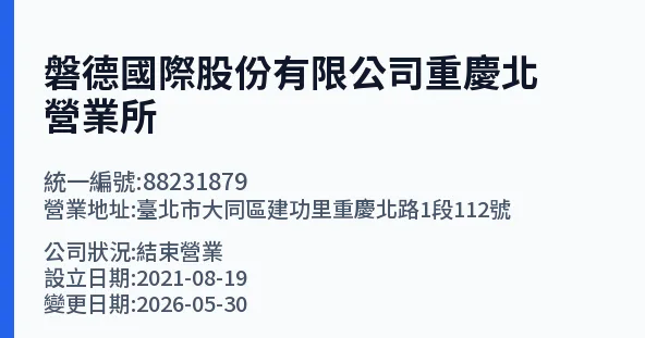 磐德國際股份有限公司重慶北營業所的照片-統編 88231879(臺北市) 公司登記資料與營業項目詳細圖表