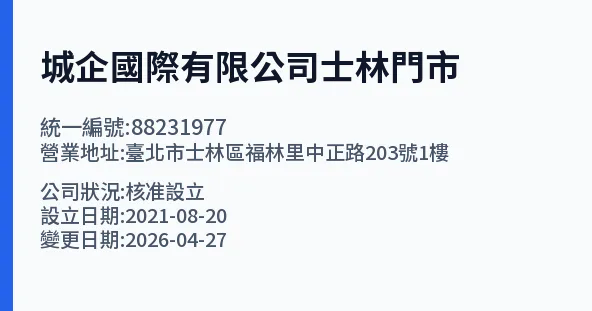 城企國際有限公司士林門市的照片-統編 88231977(臺北市) 公司登記資料與營業項目詳細圖表