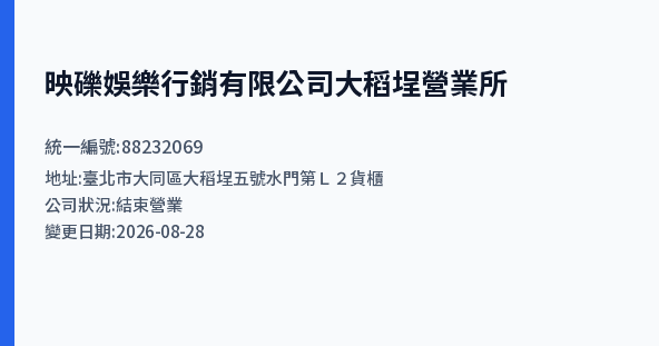 映礫娛樂行銷有限公司大稻埕營業所的照片-統編 88232069(臺北市) 公司登記資料與營業項目詳細圖表