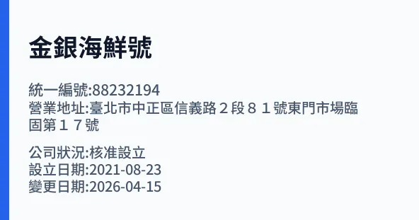 金銀海鮮號的照片-統編 88232194(臺北市) 公司登記資料與營業項目詳細圖表