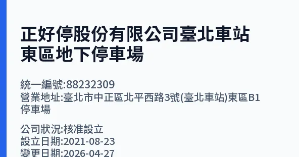 正好停股份有限公司臺北車站東區地下停車場的照片-統編 88232309(臺北市) 公司登記資料與營業項目詳細圖表
