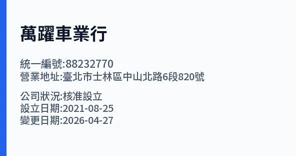萬躍車業行的照片-統編 88232770(臺北市) 公司登記資料與營業項目詳細圖表