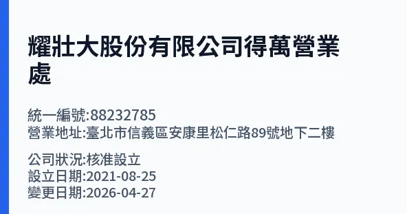 耀壯大股份有限公司得萬營業處的照片-統編 88232785(臺北市) 公司登記資料與營業項目詳細圖表