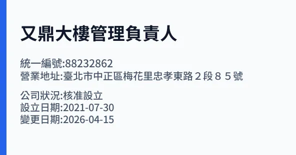 又鼎大樓管理負責人的照片-統編 88232862(臺北市) 公司登記資料與營業項目詳細圖表
