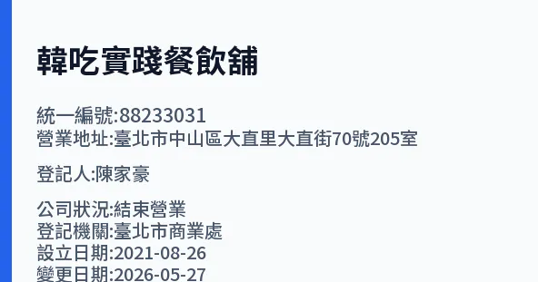 韓吃實踐餐飲舖的照片-統編 88233031(臺北市) 公司登記資料與營業項目詳細圖表