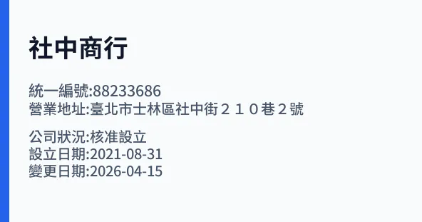 社中商行的照片-統編 88233686(臺北市) 公司登記資料與營業項目詳細圖表