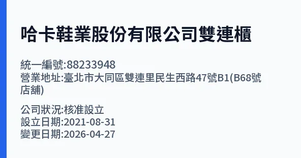 哈卡鞋業股份有限公司雙連櫃的照片-統編 88233948(臺北市) 公司登記資料與營業項目詳細圖表