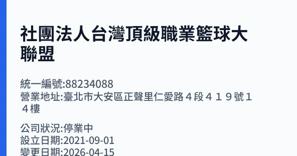 社團法人台灣頂級職業籃球大聯盟的照片-統編 88234088(臺北市) 公司登記資料與營業項目詳細圖表