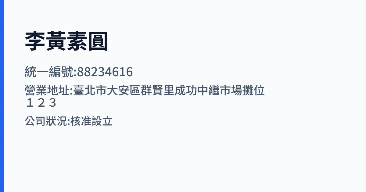 李黃素圓 - 統編 88234616(臺北市) 公司登記資料與營業項目詳細圖表