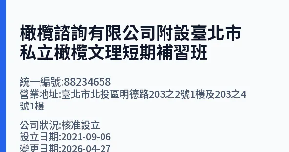 橄欖諮詢有限公司附設臺北市私立橄欖文理短期補習班的照片-統編 88234658(臺北市) 公司登記資料與營業項目詳細圖表