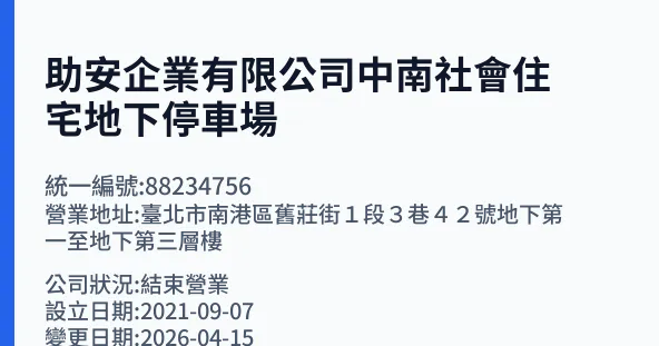 助安企業有限公司中南社會住宅地下停車場的照片-統編 88234756(臺北市) 公司登記資料與營業項目詳細圖表