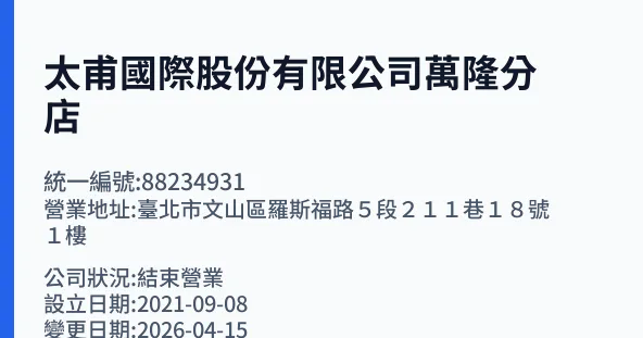太甫國際股份有限公司萬隆分店的照片-統編 88234931(臺北市) 公司登記資料與營業項目詳細圖表