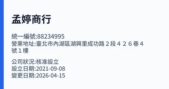 孟婷商行的照片-統編 88234995(臺北市) 公司登記資料與營業項目詳細圖表