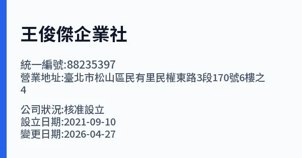 王俊傑企業社的照片-統編 88235397(臺北市) 公司登記資料與營業項目詳細圖表