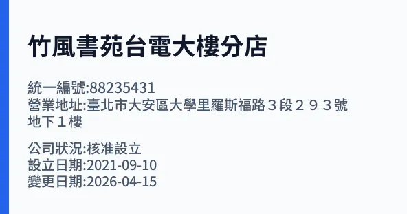 竹風書苑台電大樓分店的照片-統編 88235431(臺北市) 公司登記資料與營業項目詳細圖表