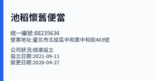 池稻懷舊便當的照片-統編 88235636(臺北市) 公司登記資料與營業項目詳細圖表