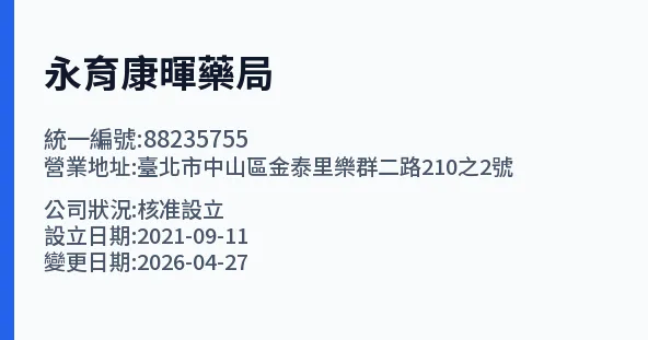 永育康暉藥局的照片-統編 88235755(臺北市) 公司登記資料與營業項目詳細圖表