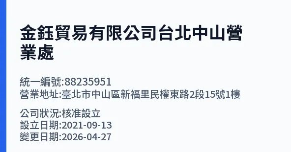 金鈺貿易有限公司台北中山營業處的照片-統編 88235951(臺北市) 公司登記資料與營業項目詳細圖表