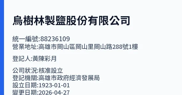 烏樹林製鹽股份有限公司的照片-統編 88236109(高雄市) 公司登記資料與營業項目詳細圖表
