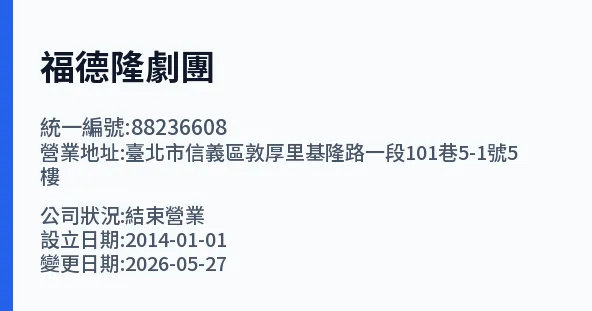 福德隆劇團的照片-統編 88236608(臺北市) 公司登記資料與營業項目詳細圖表