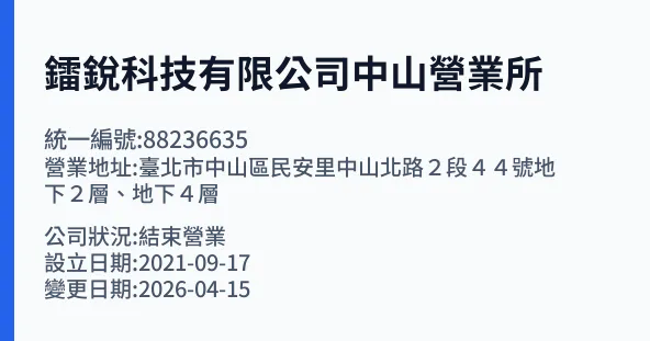鐳銳科技有限公司中山營業所的照片-統編 88236635(臺北市) 公司登記資料與營業項目詳細圖表