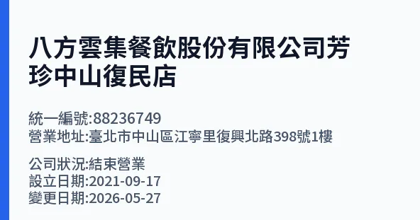 八方雲集餐飲股份有限公司芳珍中山復民店的照片-統編 88236749(臺北市) 公司登記資料與營業項目詳細圖表