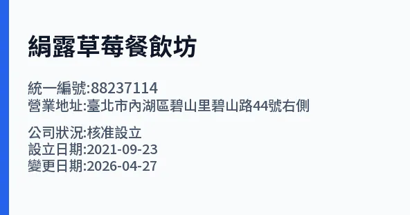 絹露草莓餐飲坊的照片-統編 88237114(臺北市) 公司登記資料與營業項目詳細圖表